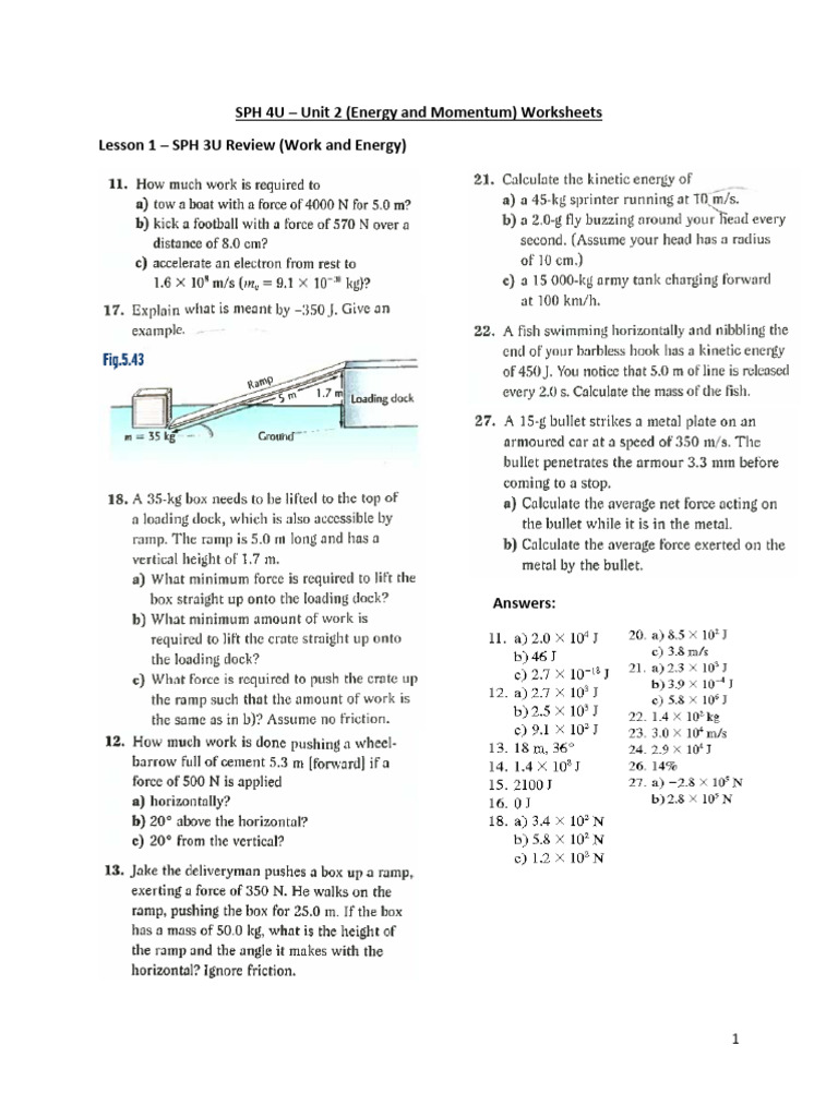 SPH 4U Energy and Momentum Worksheets | PDF