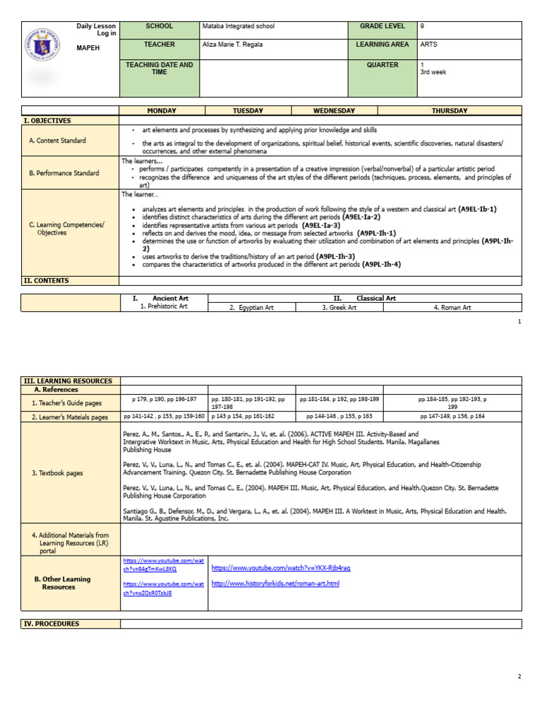 Q1 Grade 9 ARTS DLL Week 3 | PDF | Ancient Egypt | Paintings