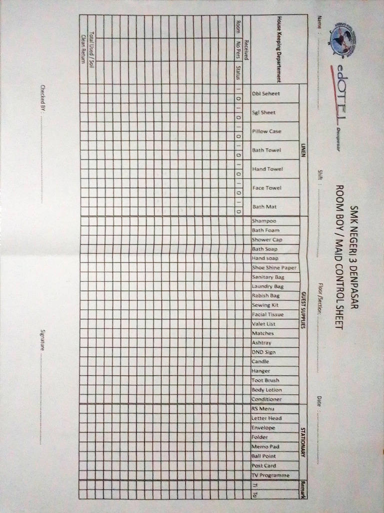 Room Biy Control Sheet | PDF
