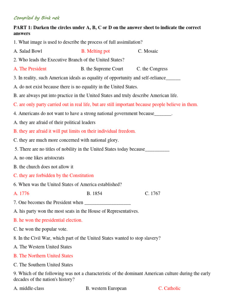 US History and Culture Quiz | PDF | The United States | United States ...