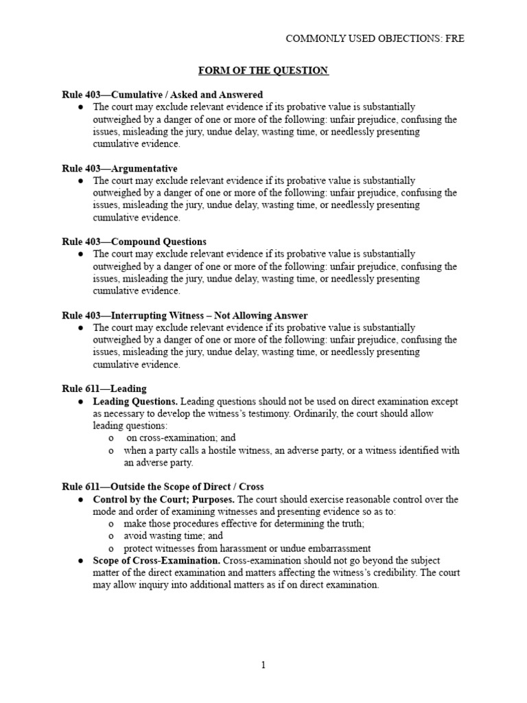 Commonly Used Objections - Fre | PDF | Evidence (Law) | Relevance (Law)
