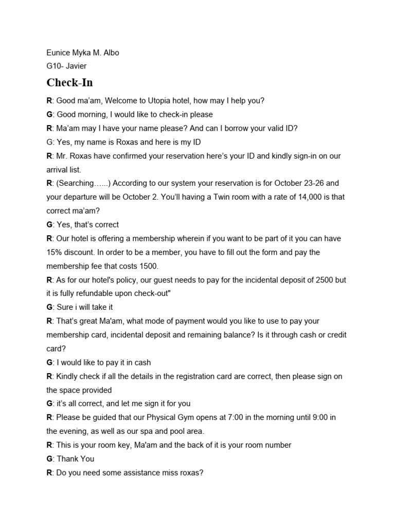 Check-In and Check-Out Script | Download Free PDF | Money | Service ...