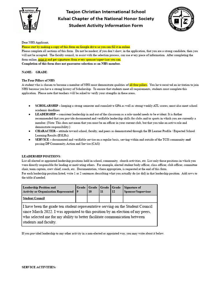 NHS Application Form 2020 & Beyond | PDF | Learning