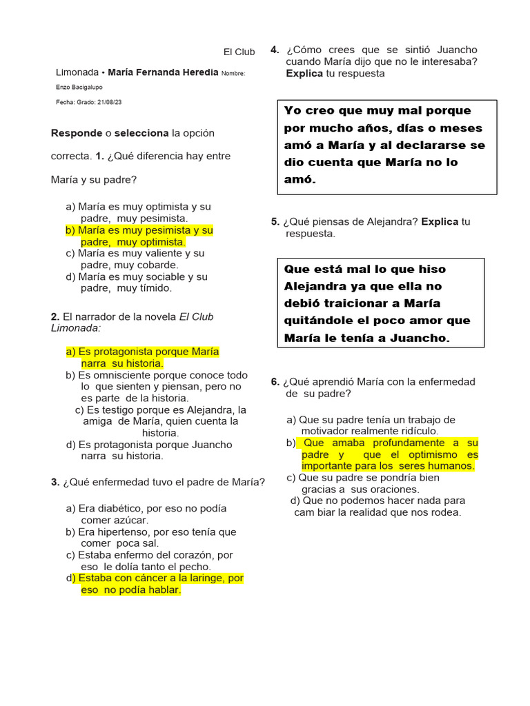 Ficha de Lectura - Club Limonada | PDF