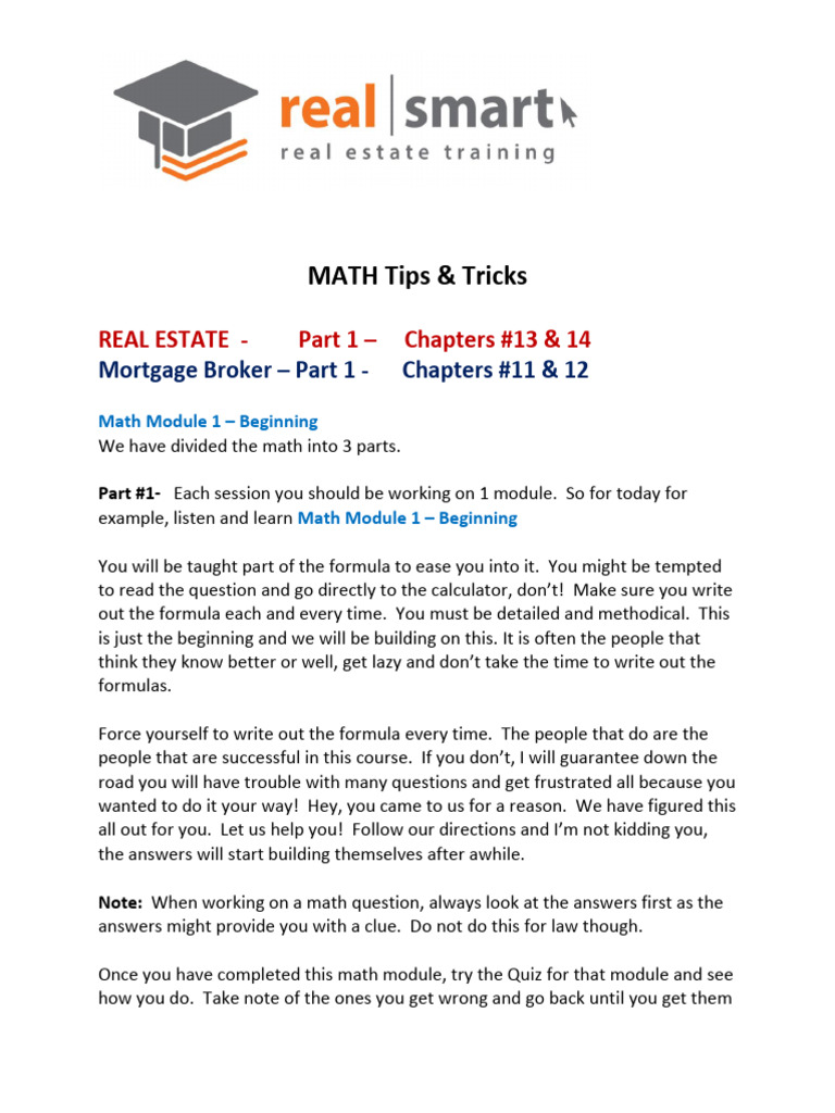 Tips and Tricks Real Estate Math PART 1 | PDF | Interest | Mortgage Loan