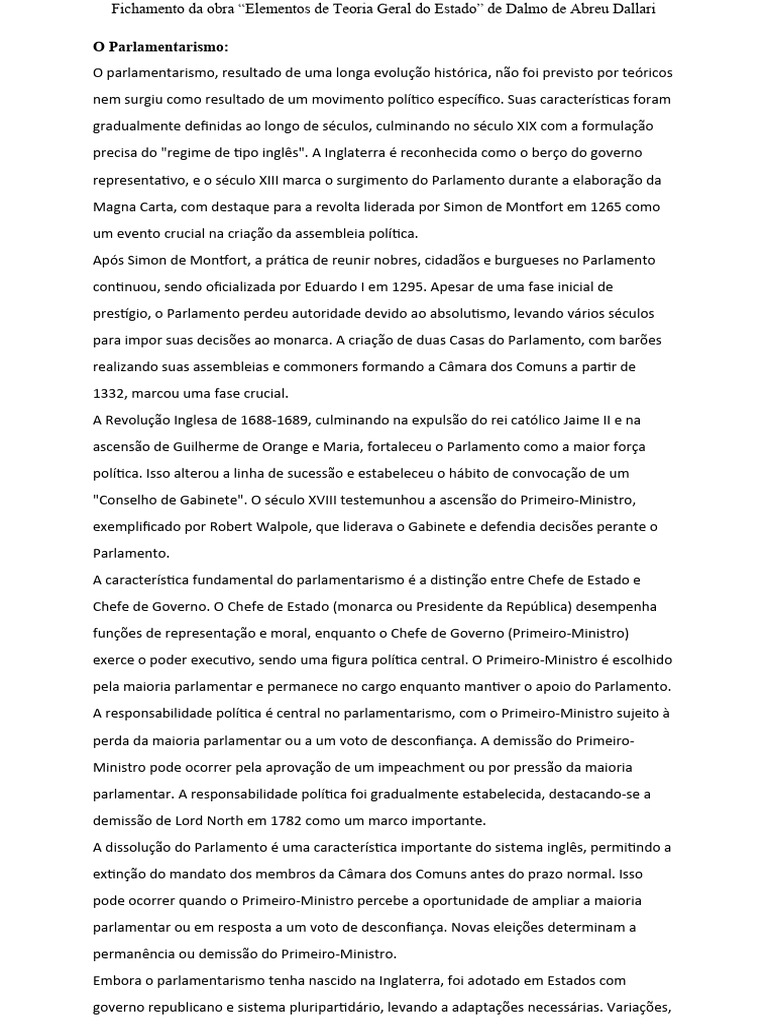 Fichamento Dalmo de Abreu Dallari | PDF | Sistema Parlamentar ...