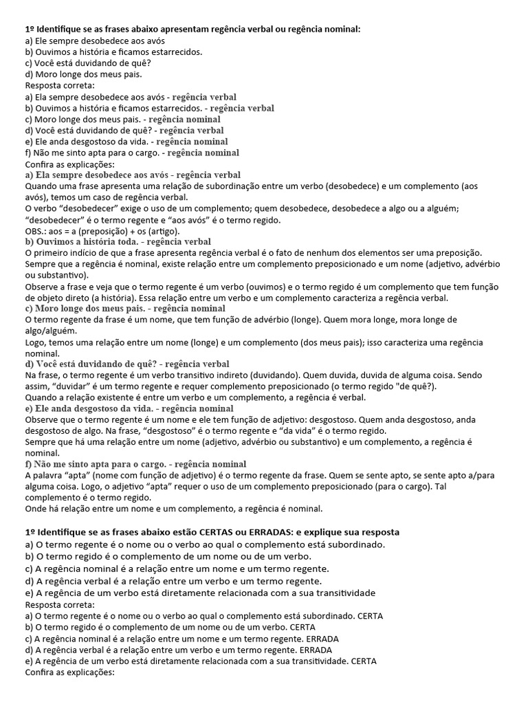 Exercícios de Regência Verbal e Nominal | PDF | Morfologia linguística ...