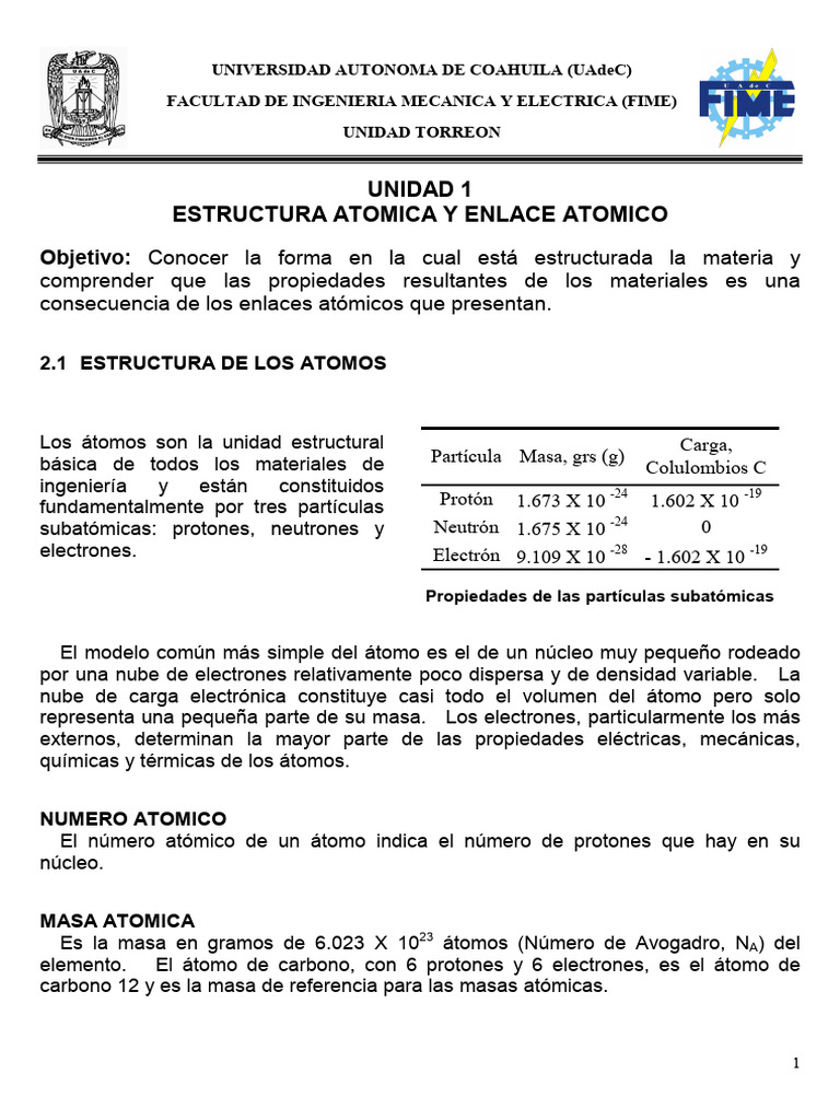Unidad 1 Estructura Atómica Y Enlace Atómico Descargar Gratis Pdf