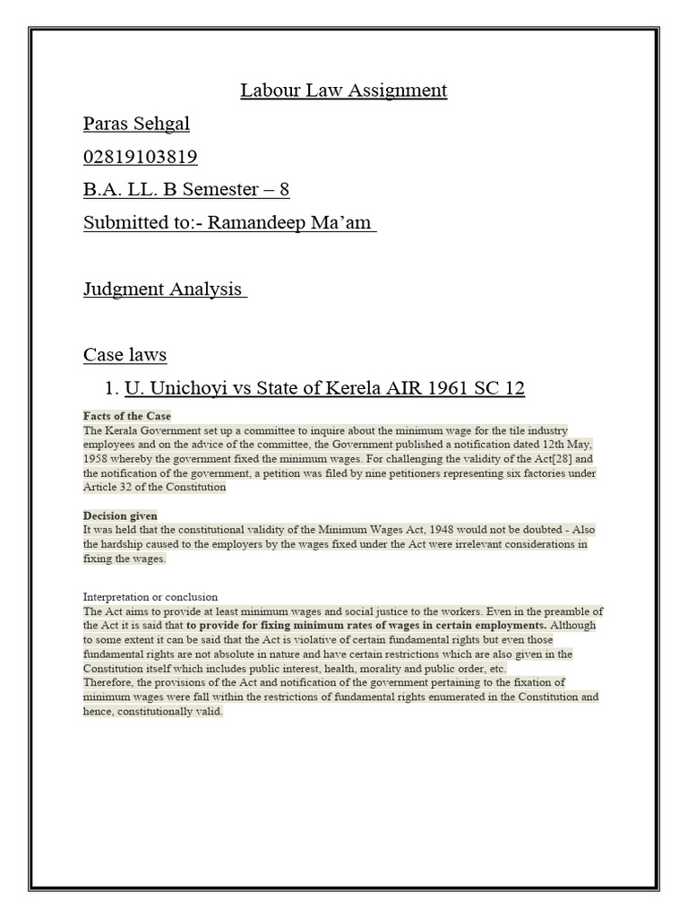 Labour Law Assignment by para Sehgal | PDF | Labour Economics | Employment