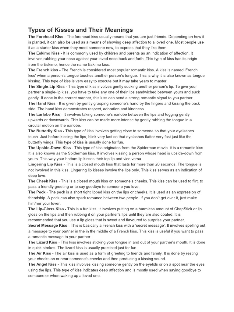 Types of Kisses and Their Meanings | PDF | Kiss