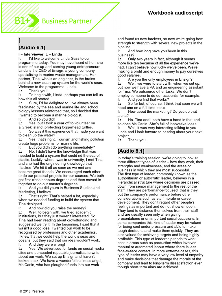 B1 WB Audioscript For MEL | PDF | Leadership | Business