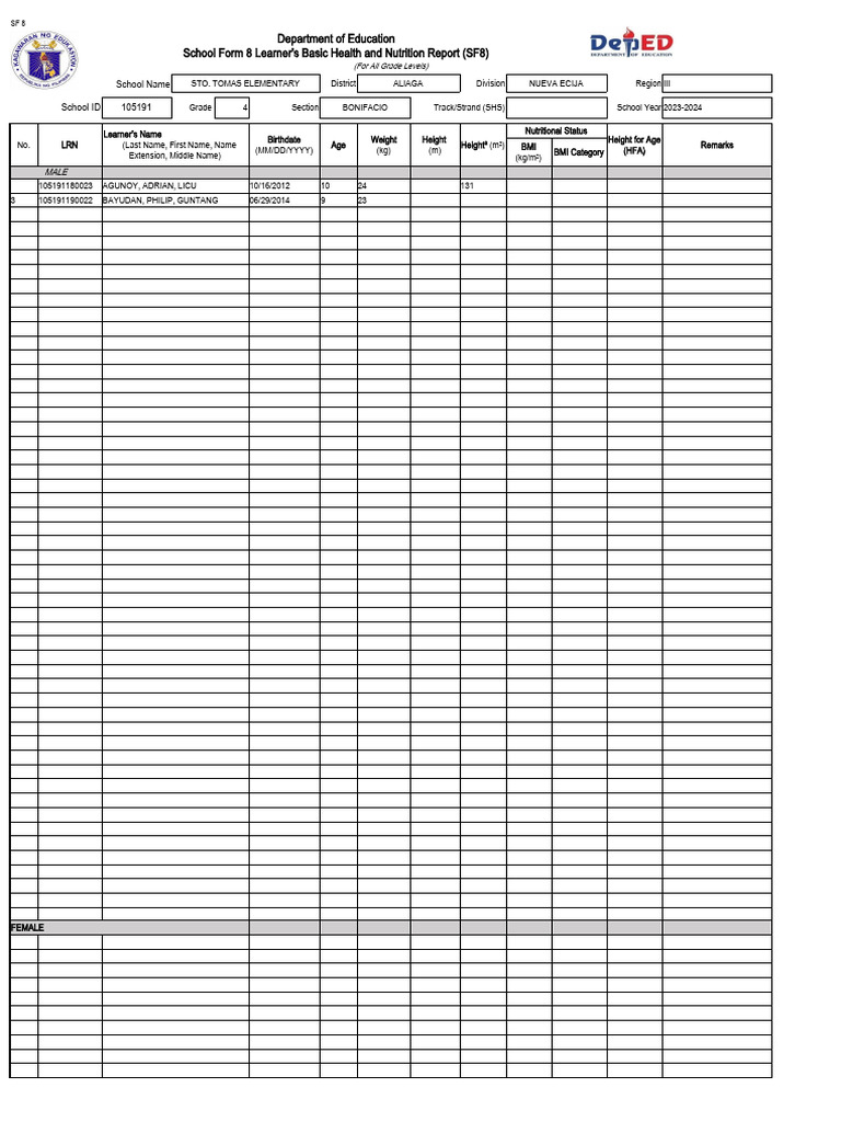School Form 8 SF8 Learner Basic Health and Nutrition Report | PDF ...