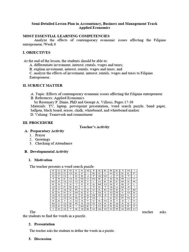 Semi Detailed Lesson Plan in Applied Economics Quarter 1 | PDF ...