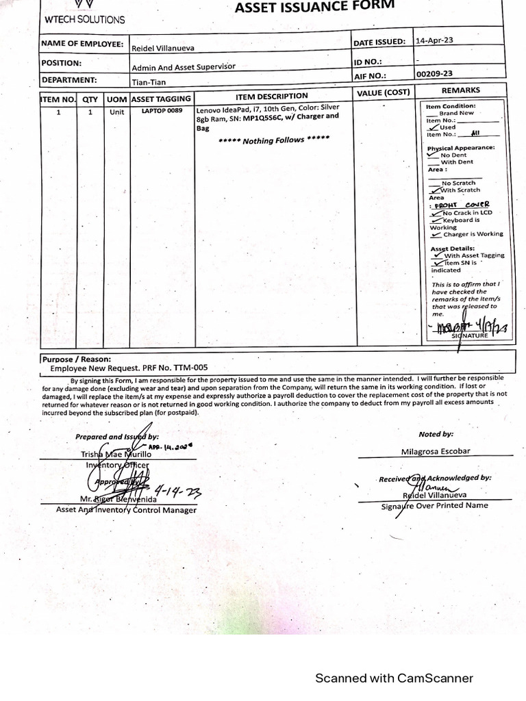 Asset Issuance Form | PDF