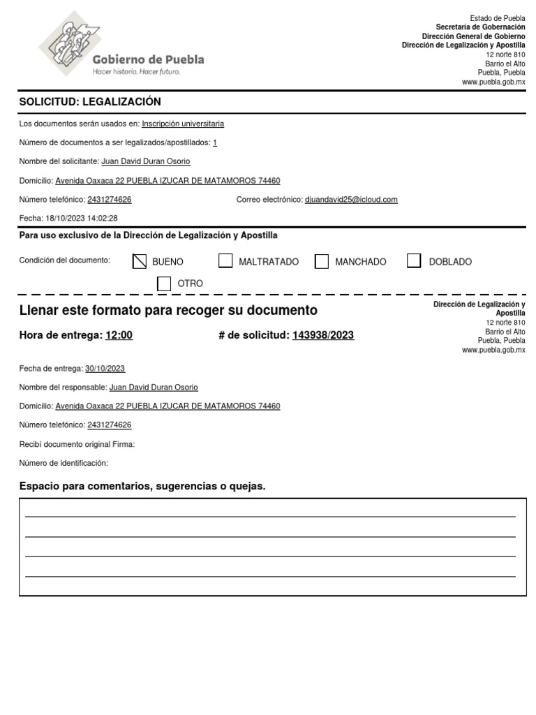 Llenar Este Formato para Recoger Su Documento: Solicitud: Legalización | PDF