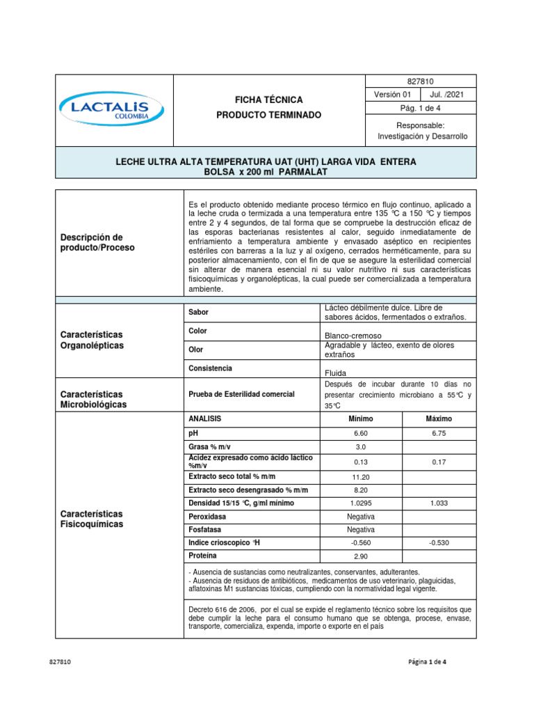 LECHE ENTERA UAT (UHT) BOLSA X 200 ML PARMALAT | PDF | Leche | Etiqueta ...