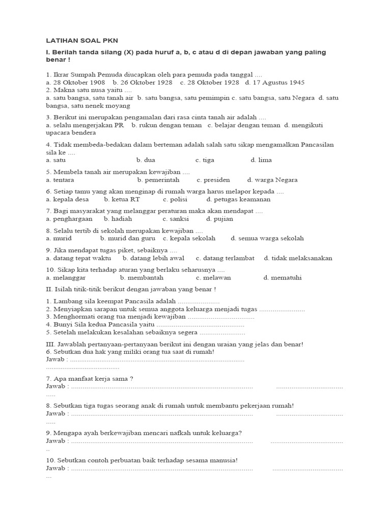 Latihan Soal PKN Kelas 3 | PDF | Olahraga & Rekreasi