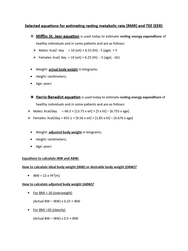 RMR and TEE Calculation Equations | PDF