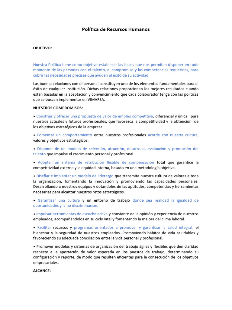 Política de Recursos Humanos - VIMARSA | PDF | Gestión de recursos humanos | Economias