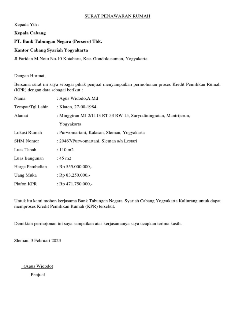 Surat Penawaran Rumah BTN | PDF