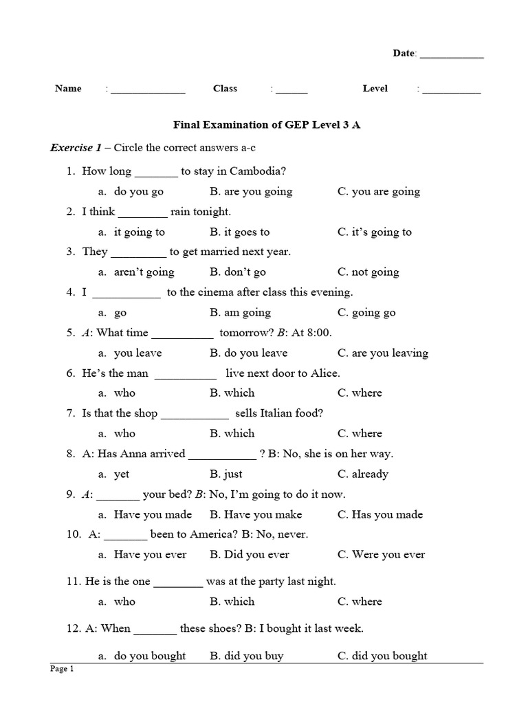 Final Test For Level 3 A Unit 1-4 | PDF | Linguistics | Grammar