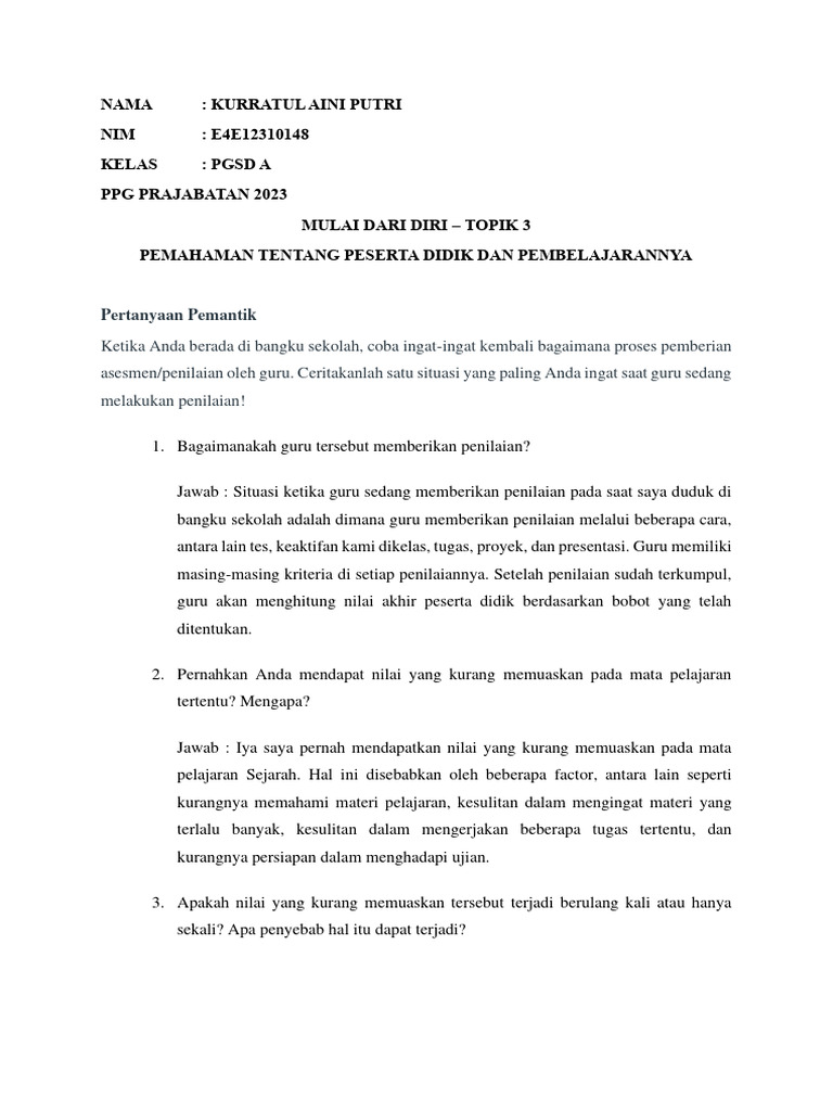 Kurratul Aini Putri - Mulai Dari Diri t3 - PPDP | PDF | Karier & Perkembangan