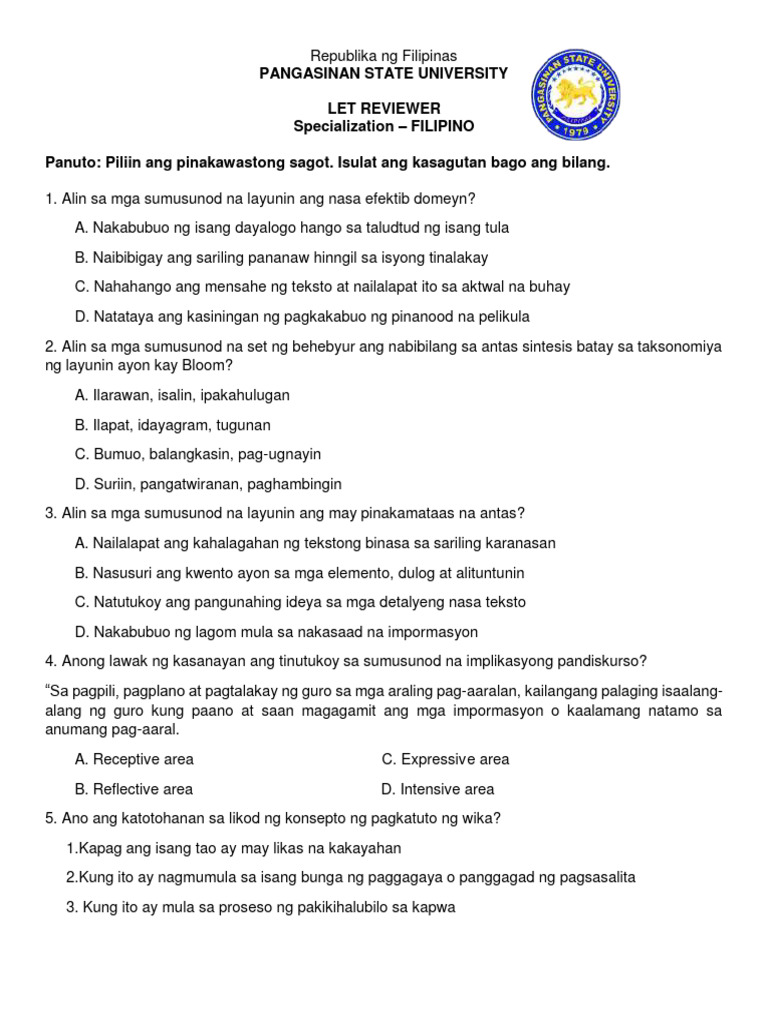 LET REVIEWER FILIPINO Final | PDF