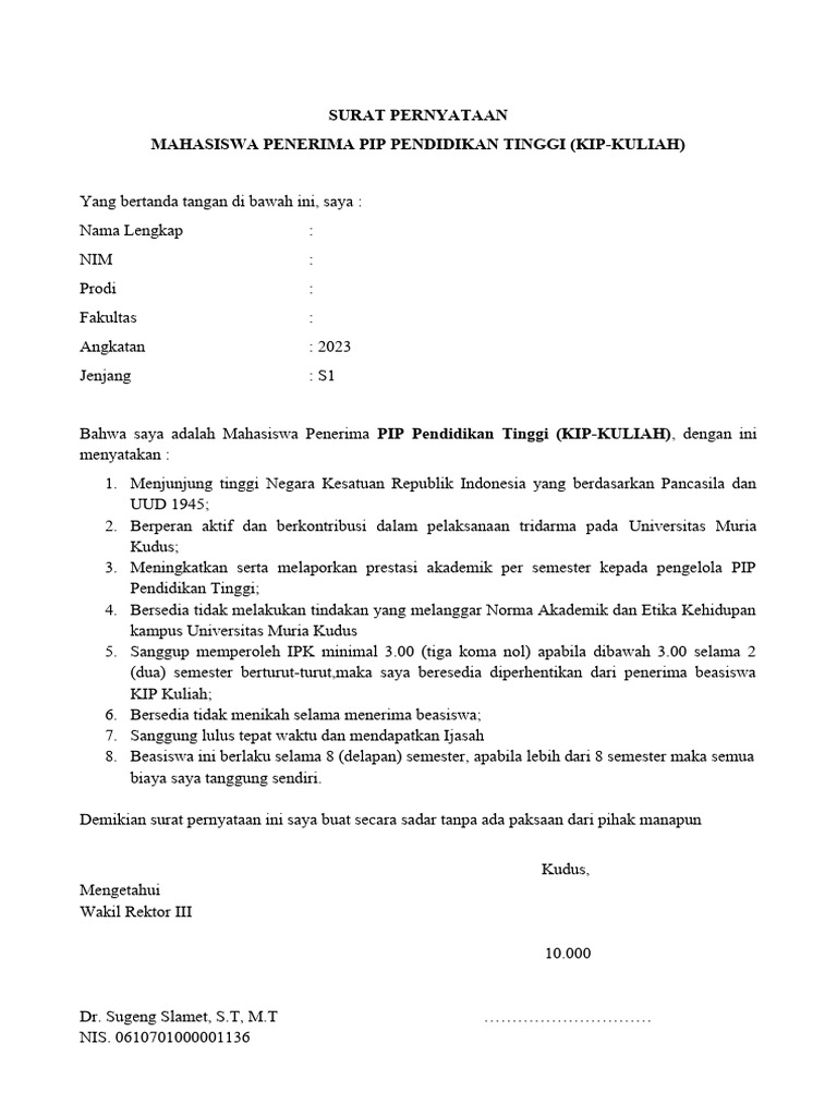 SURAT PERNYATAAN KIP Kuliah 2023 | PDF