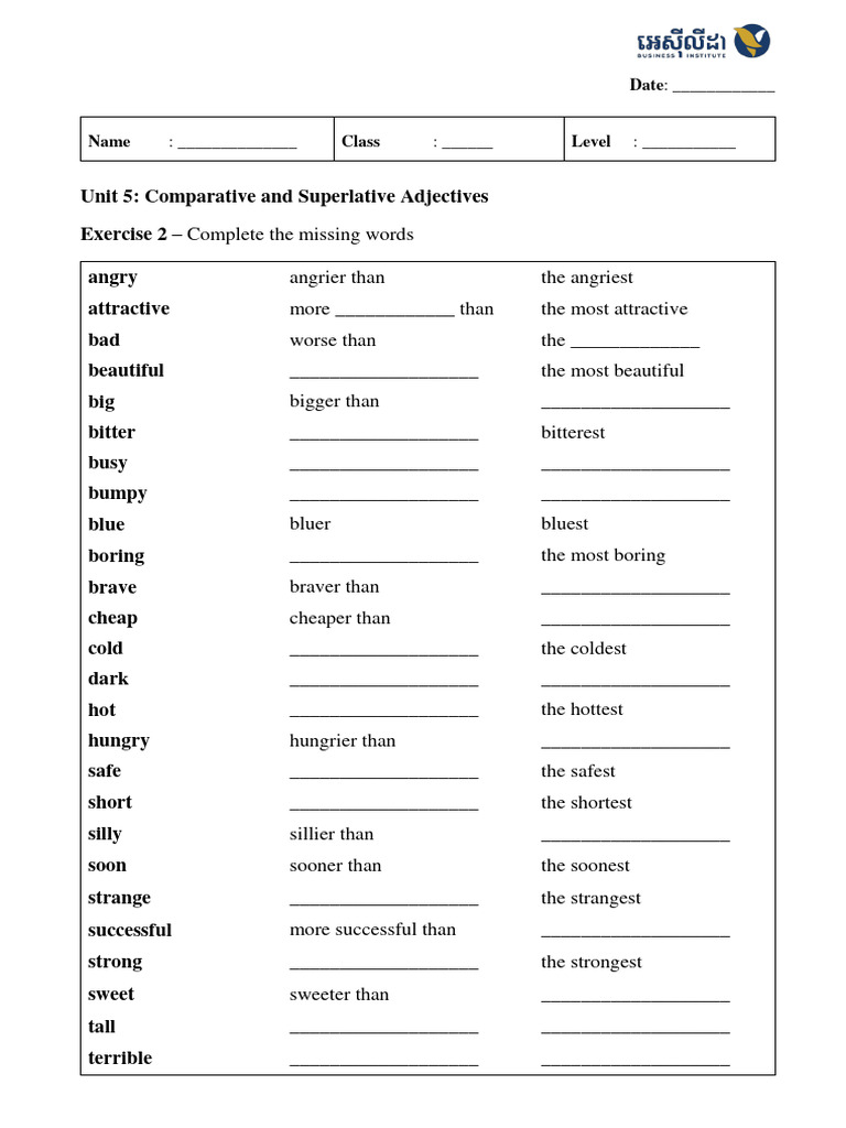 Unit 5 Comparative and Superlative ADJ Practice | PDF | Linguistic Typology | Syntax
