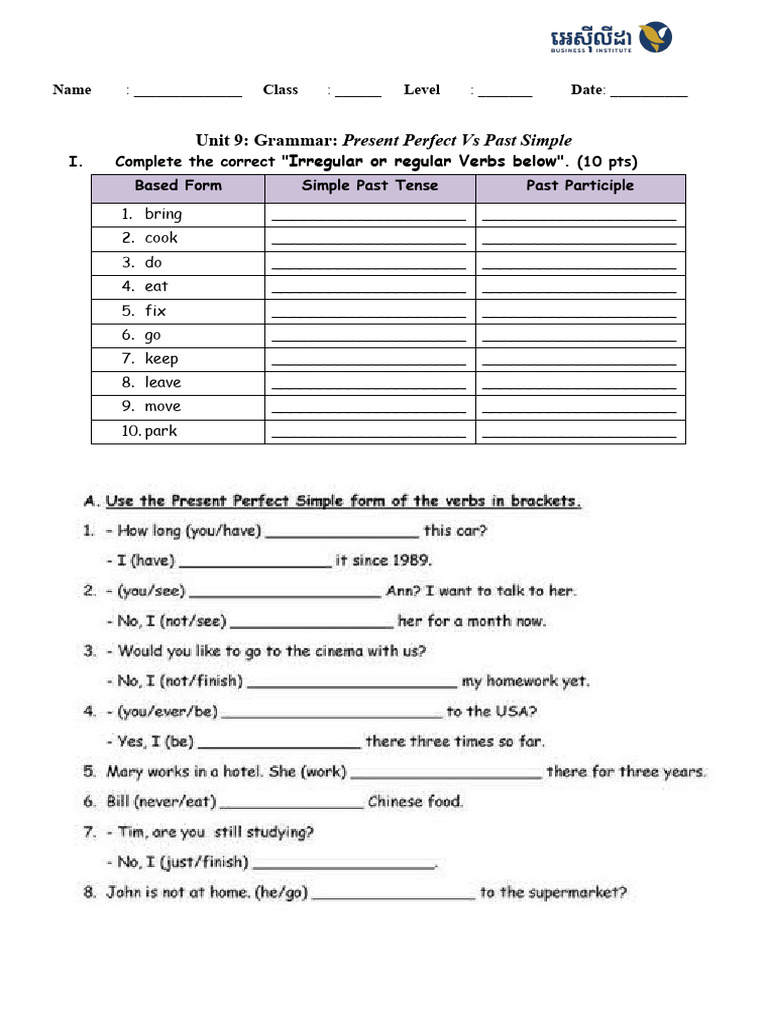 Unit 9 Homework Present Perfect Vs Past Simple 2 | PDF
