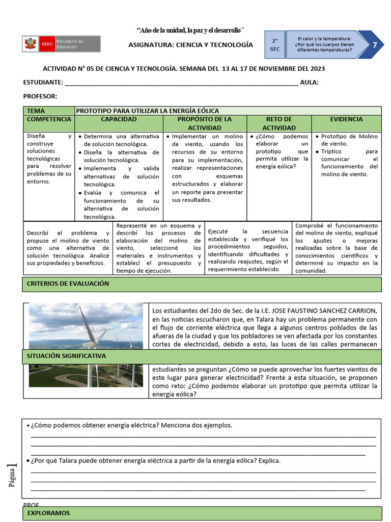 2° SEC. EDA 7 SEMANA 5 Diseña CYT 2023 Prototipo para Utilizar La Energía Eólica | PDF | Energía ...