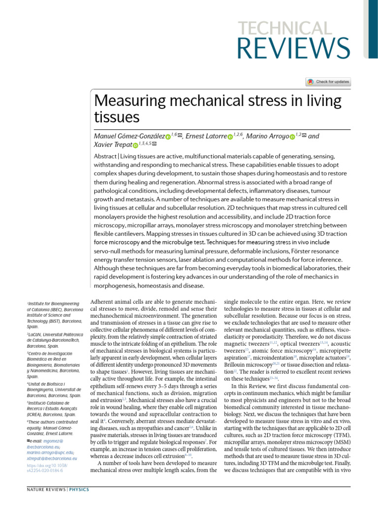 Meassuring Mechanical Stresses in Living Tissues | PDF | Stress ...