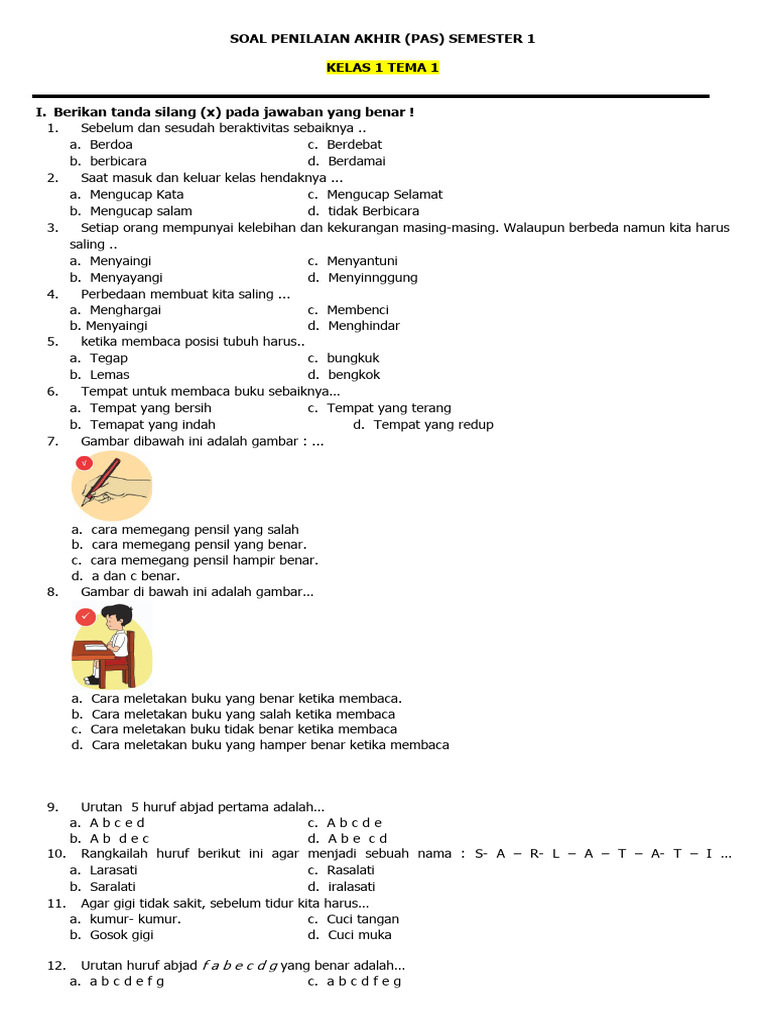 Soal PAS Kelas 1 Sem 1 - TEMA 1 | PDF