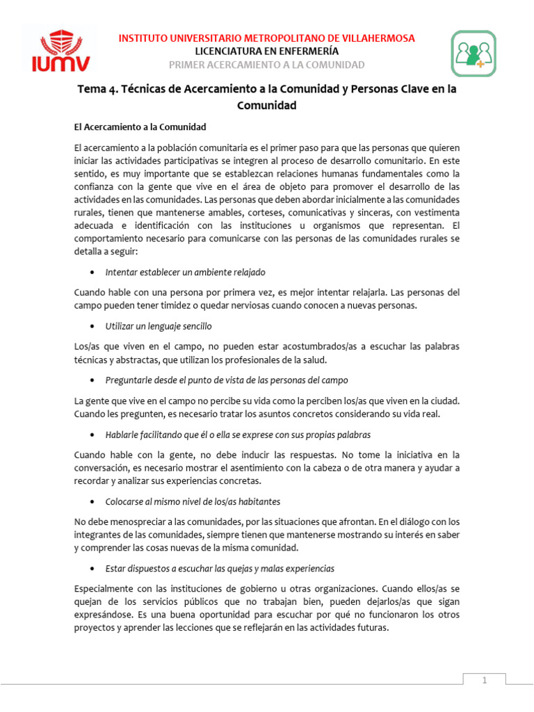 Tema 4. Técnicas de Acercamiento A La Comunidad y Personas Clave en La Comunidad | PDF | Enfermería