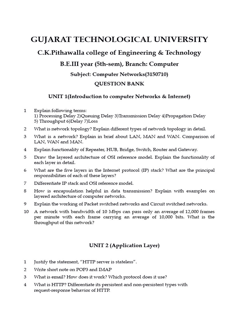 CN Question Bank | PDF | Computer Network | Transmission Control Protocol