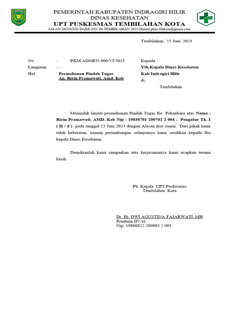 Rekom Pindah Tugas PNS | PDF