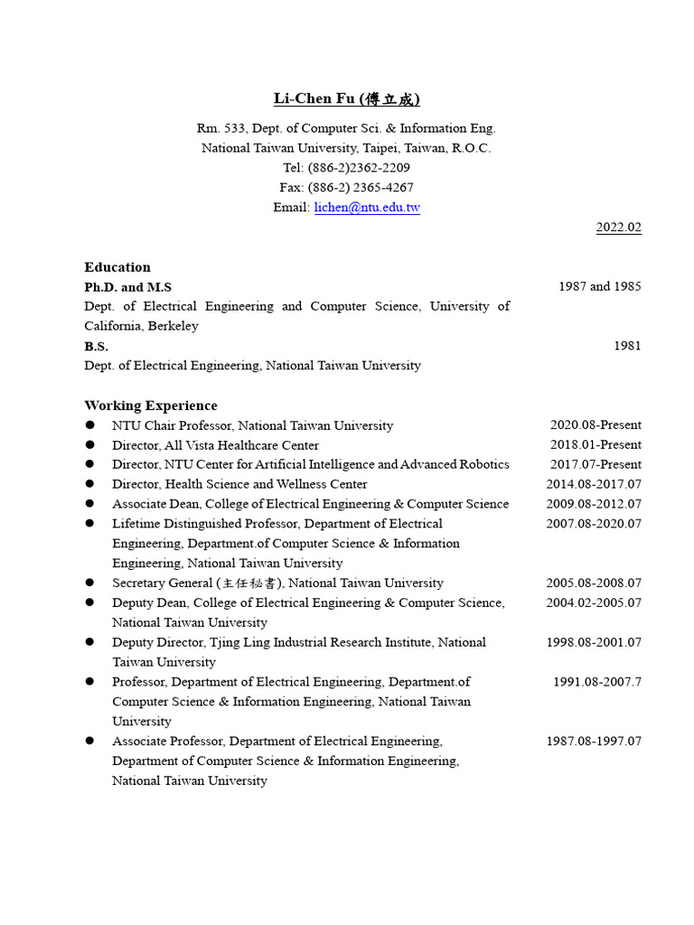 CV Li-Chen Fu 20231121 1 | PDF | Robotics | Robot