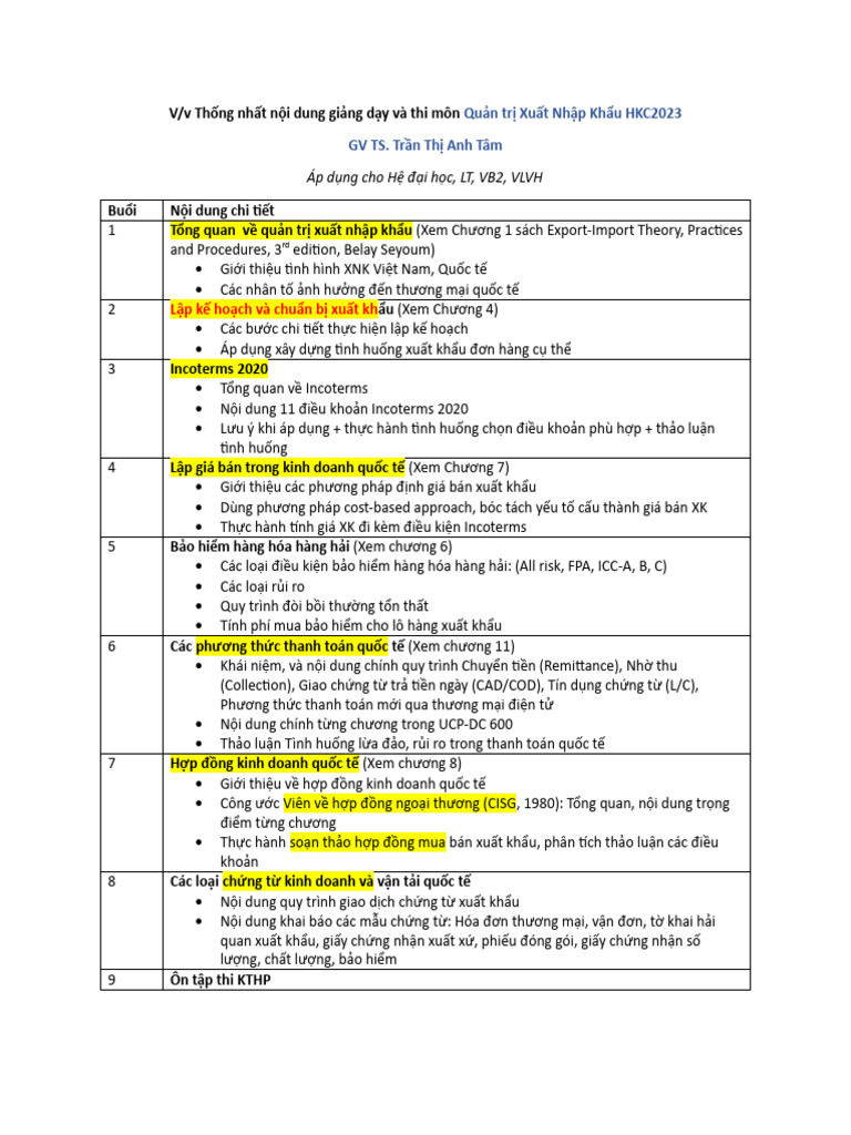 Nội dung giảng dạy QTXNK Đại học | PDF