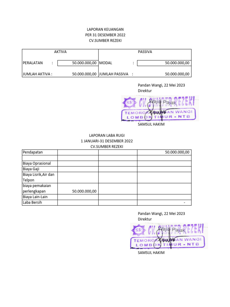 Laporan Keuangan CV. Sumber Rezeki 2022 | PDF