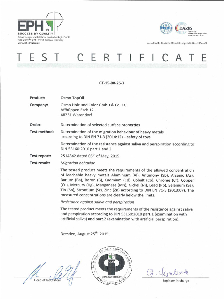 Osmo TopOil EN71-3 and DIN53160 | PDF | Sets Of Chemical Elements | Chemistry