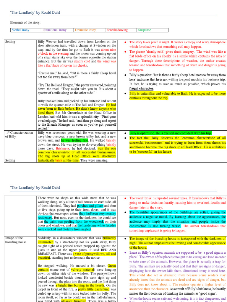 'The Landlady' Notes | PDF | Mystery, Thriller & Crime Fiction