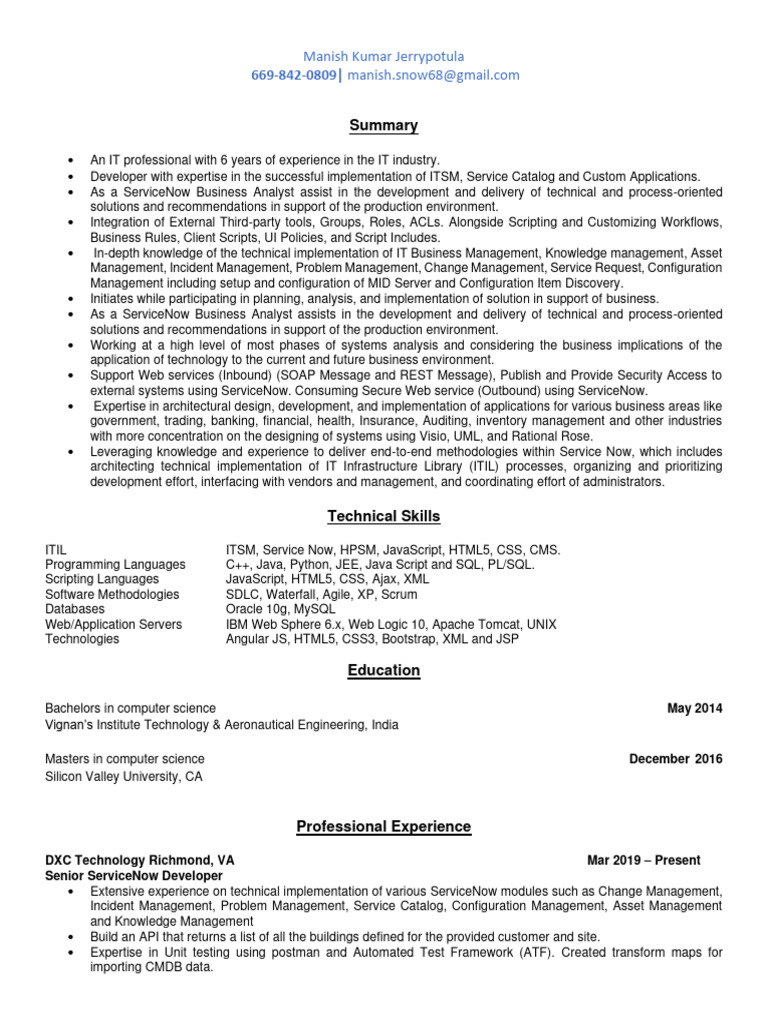 ServiceNow Developer Resume Summary | PDF | Java Script | Scripting ...