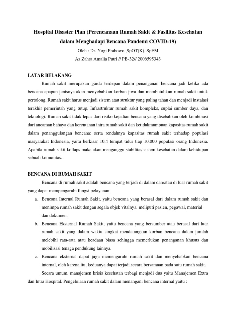 Hospital Disaster Plan (Perencanaan Rumah Sakit & Fasilitas Kesehatan Dalam Menghadapi Bencana ...