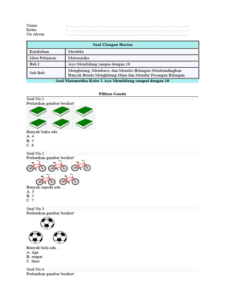 Soal Matematika Kelas 1 Bab 1 | PDF | Olahraga & Rekreasi | Griya & Taman