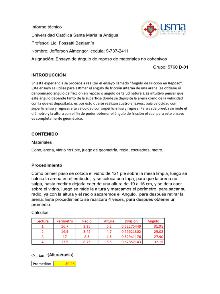 Ensayo de Angulo de Reposo | PDF | Fricción | Arena