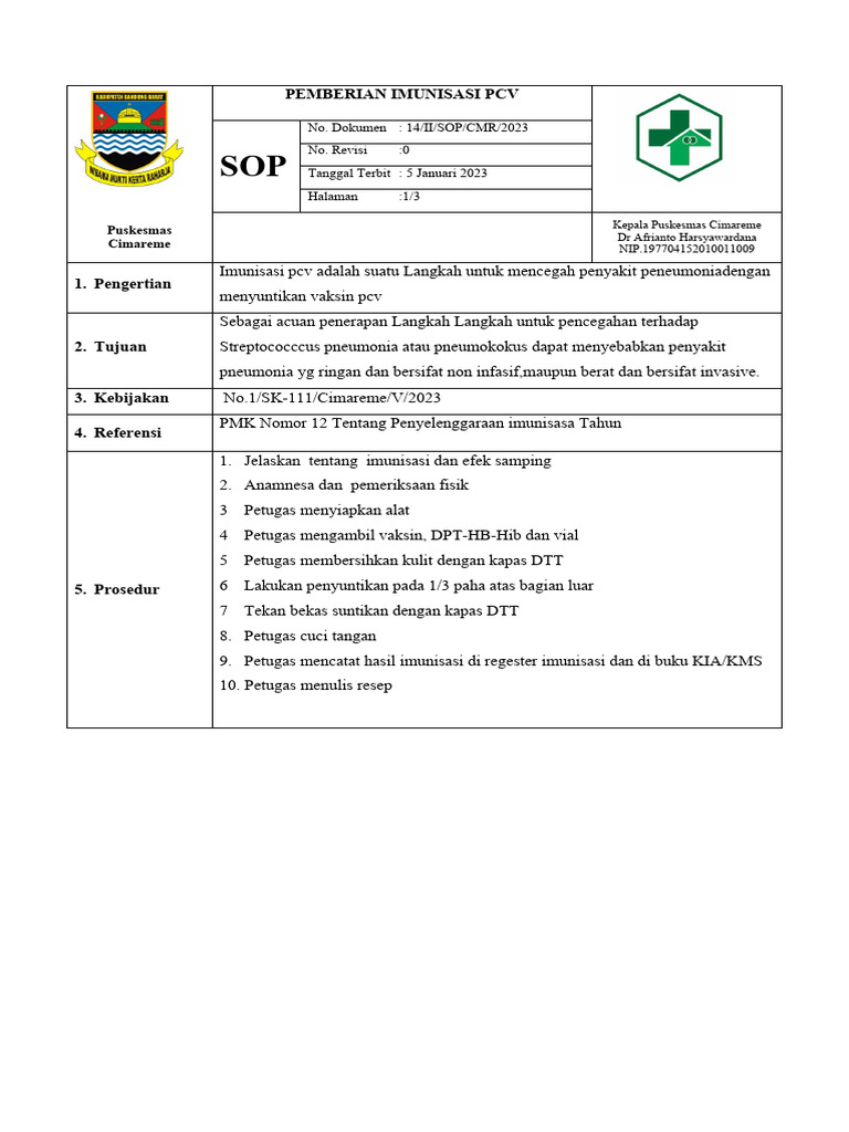 06, Sop Imunisasi PCV | PDF