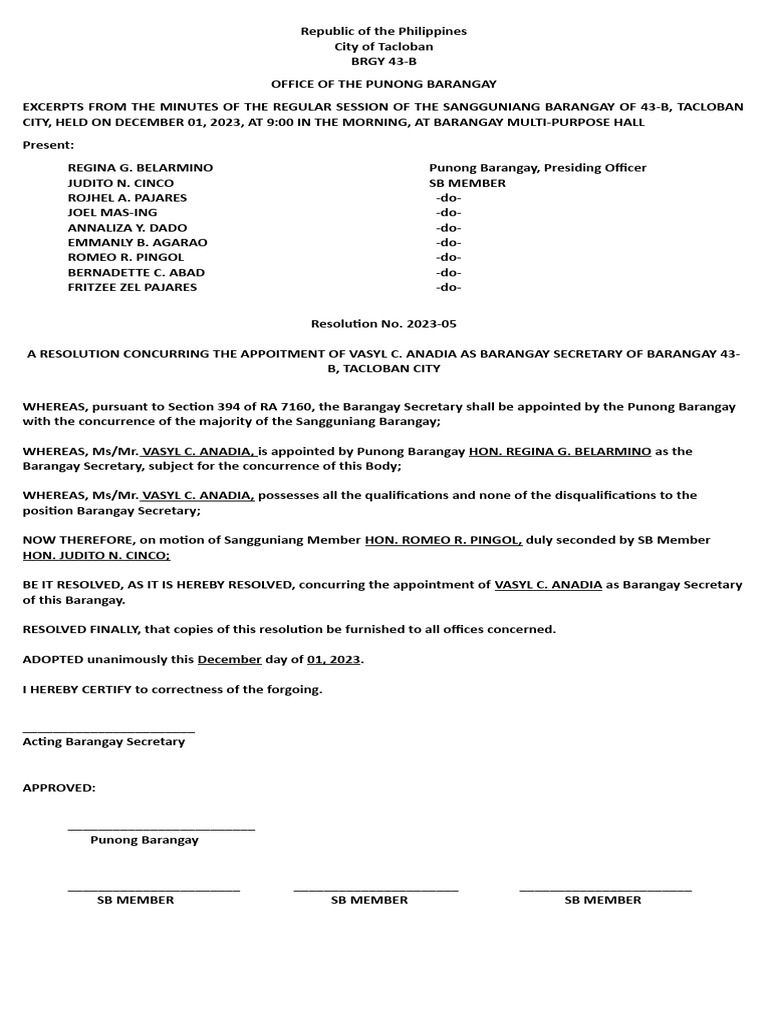 Resolution On The Appointment of Barangay Secretary | PDF
