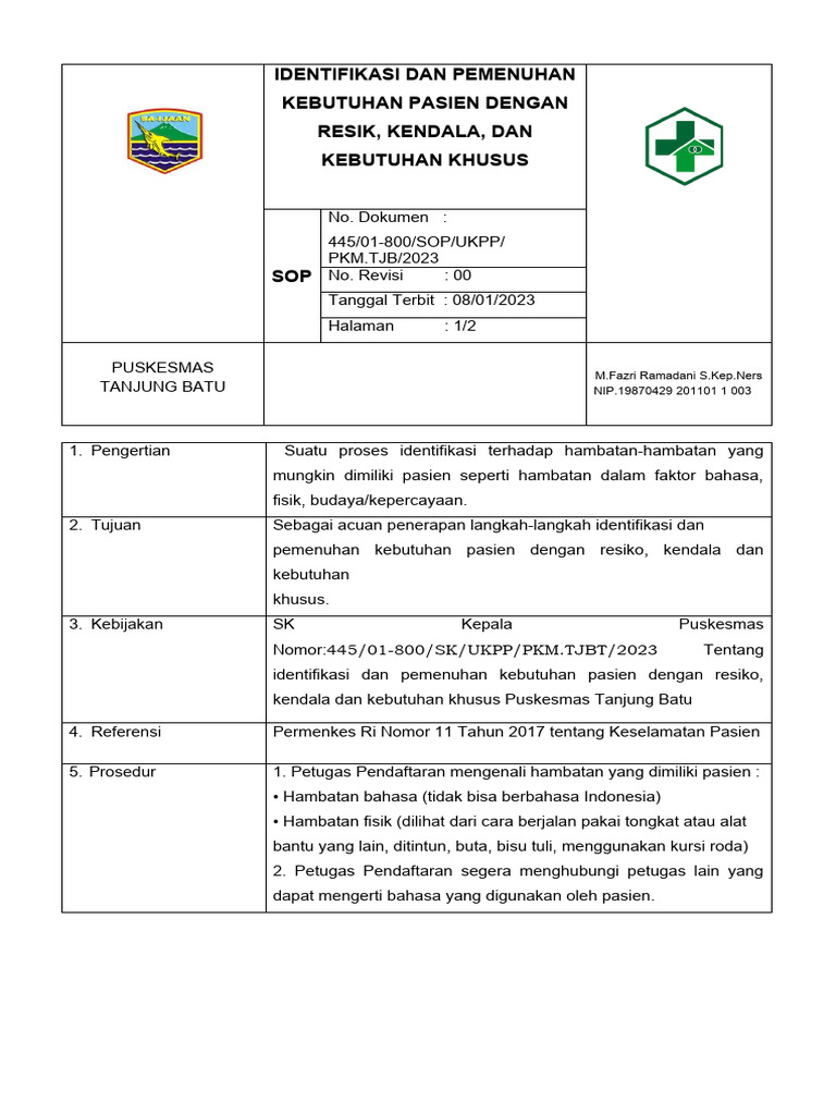 3.1.1.a.2 SOP IDENTIFIKASI DAN PEMENUHAN KEBUTUHAN PASIEN DENGAN RESIKO, KENDALA, DAN KEBURTUHAN ...