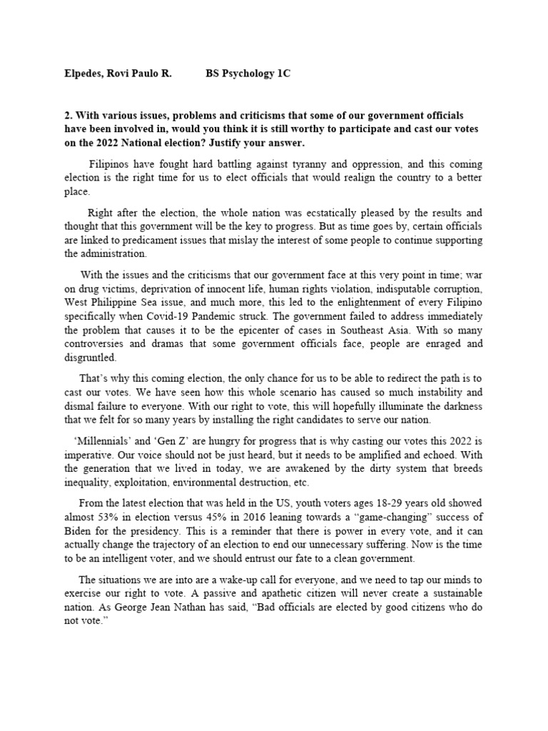 National Election Essay | PDF | Social Science | Self-Improvement