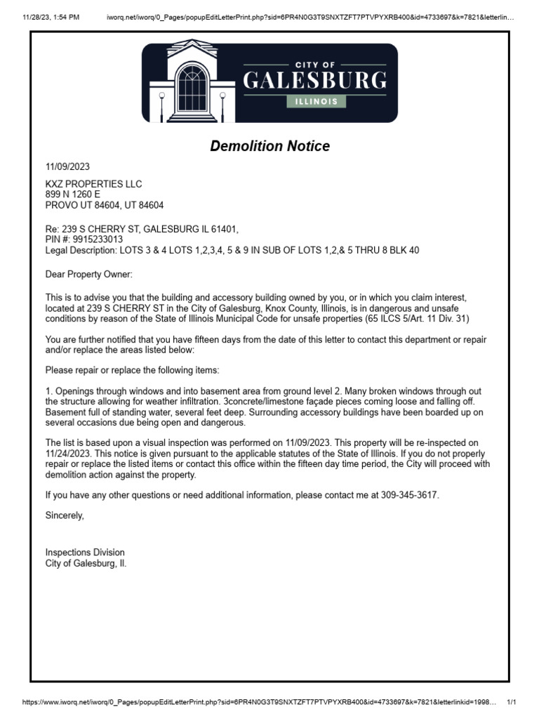 Demolition Notice For 239 S. Cherry St. | PDF | Law